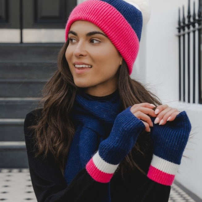 ADORE Fingerless Mittens - Navy/White/Pink | About Living