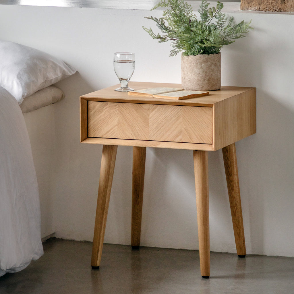 Gallery | Milano Chevron 1 Drawer Side Table - Oak – About Living