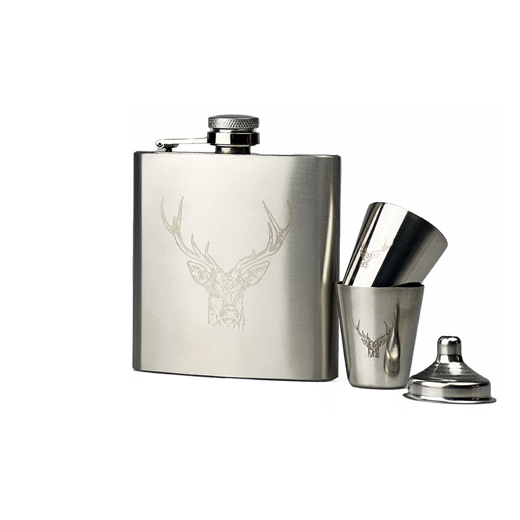 Selbrae House | Stag Hip Flask & Cups Set - Stainless Steel – About Living