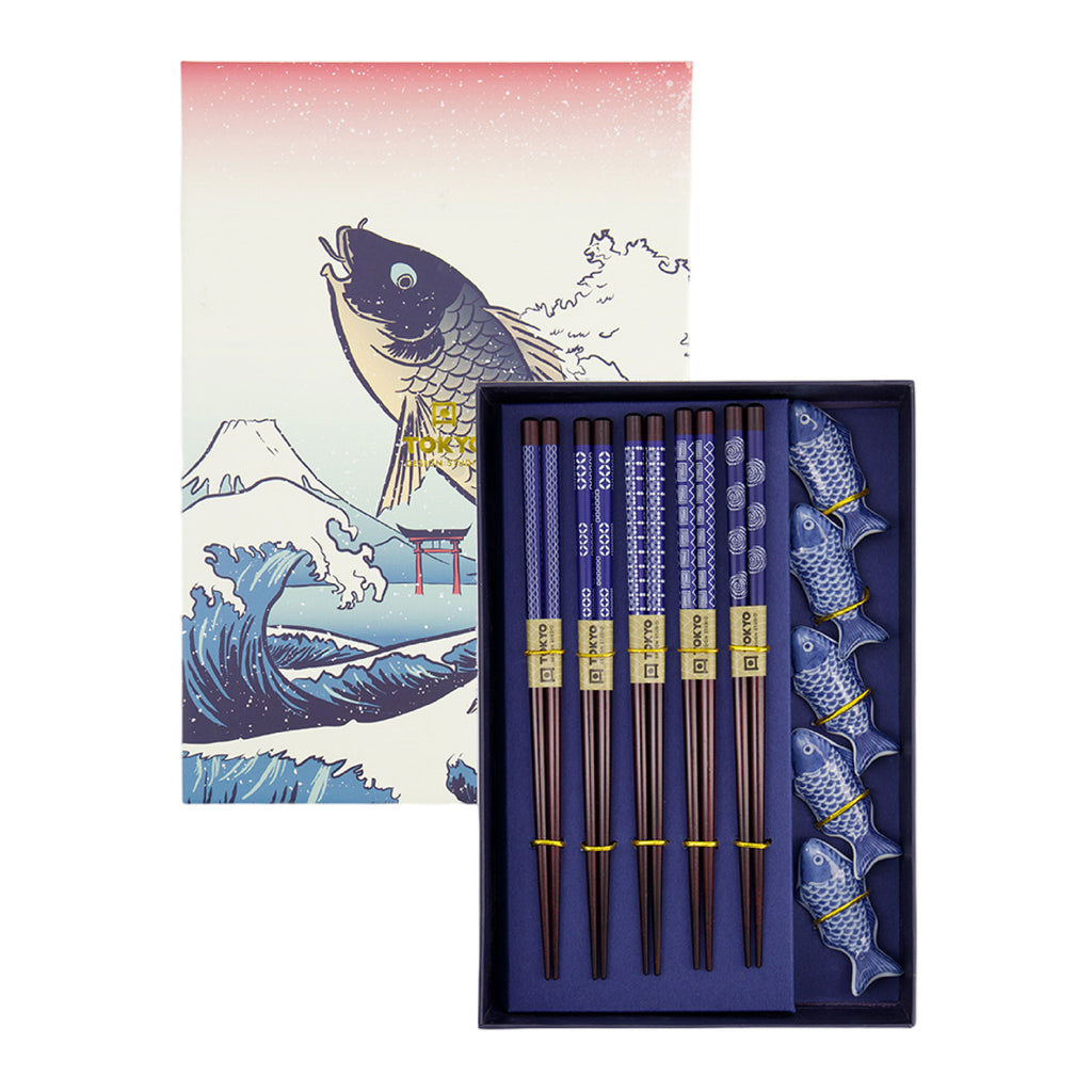 Tokyo Design Studio | Koi Fish Round Chopstick & Rest Set - Blue ...