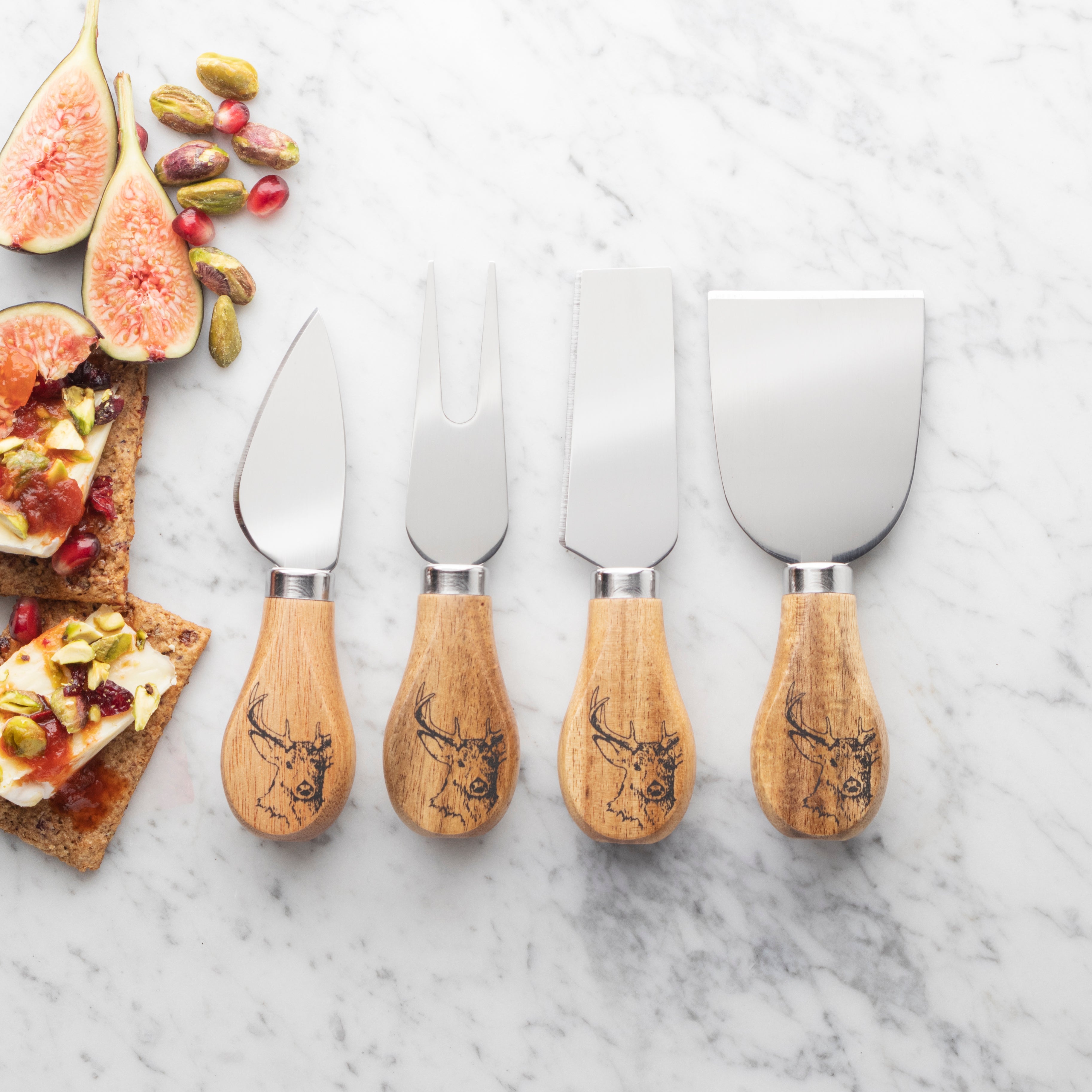 4 Piece Acacia Wood Stag Cheese Knife Set | About Living